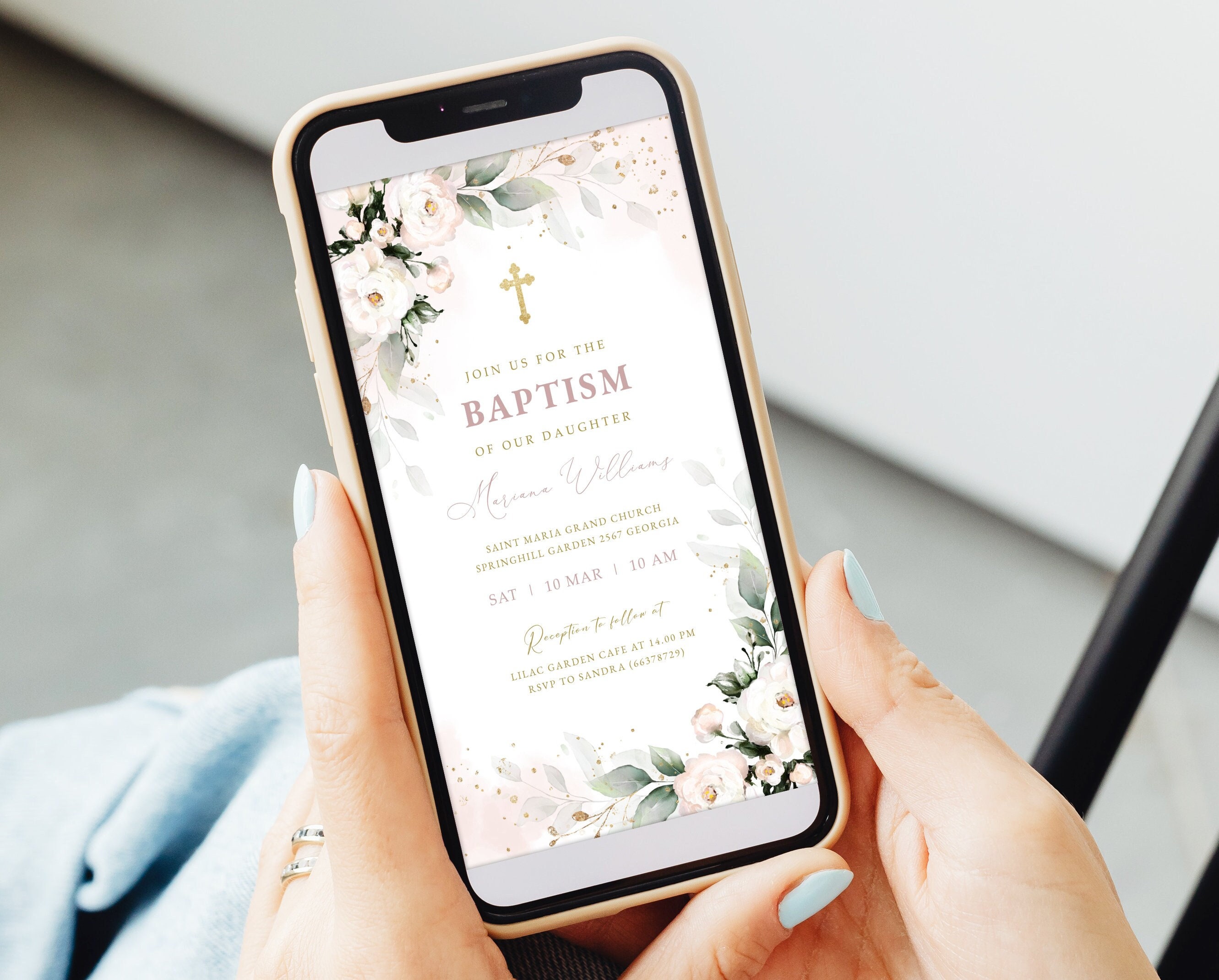 Digital Baptism Evite Invitation Template, Blush Pink Flowers, Pink ...