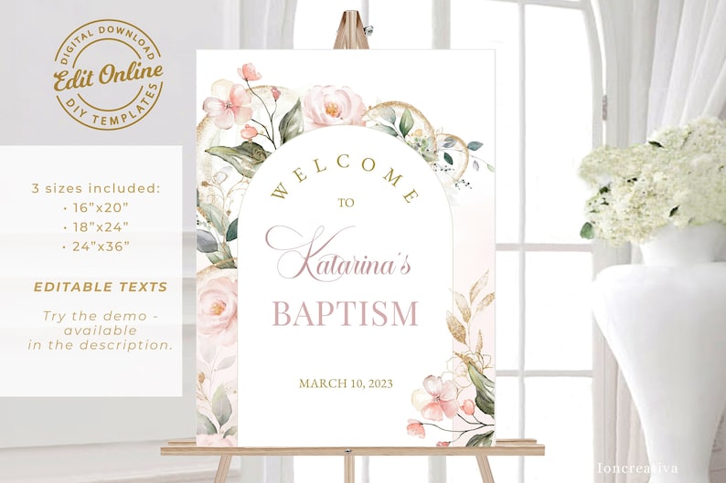 Editable Welcome Sign Template, Rustic Pink Flowers Arch, Blush Welcome ...