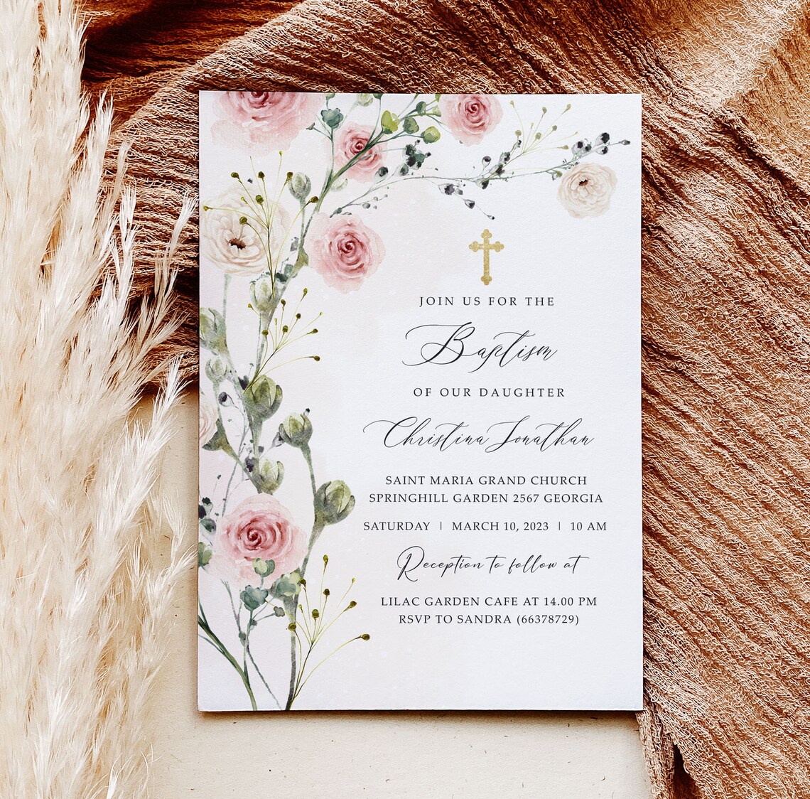 Pink Floral Baptism Invitation Girl, Baptism Invite Template, Girl ...