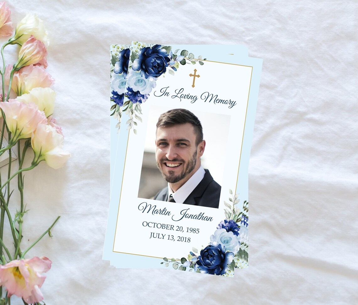 Editable Funeral Prayer Card Template Blue Roses Editable Memorial ...