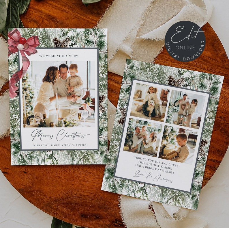 Editable Greenery Snow Christmas Card Template, Merry Christmas Card ...