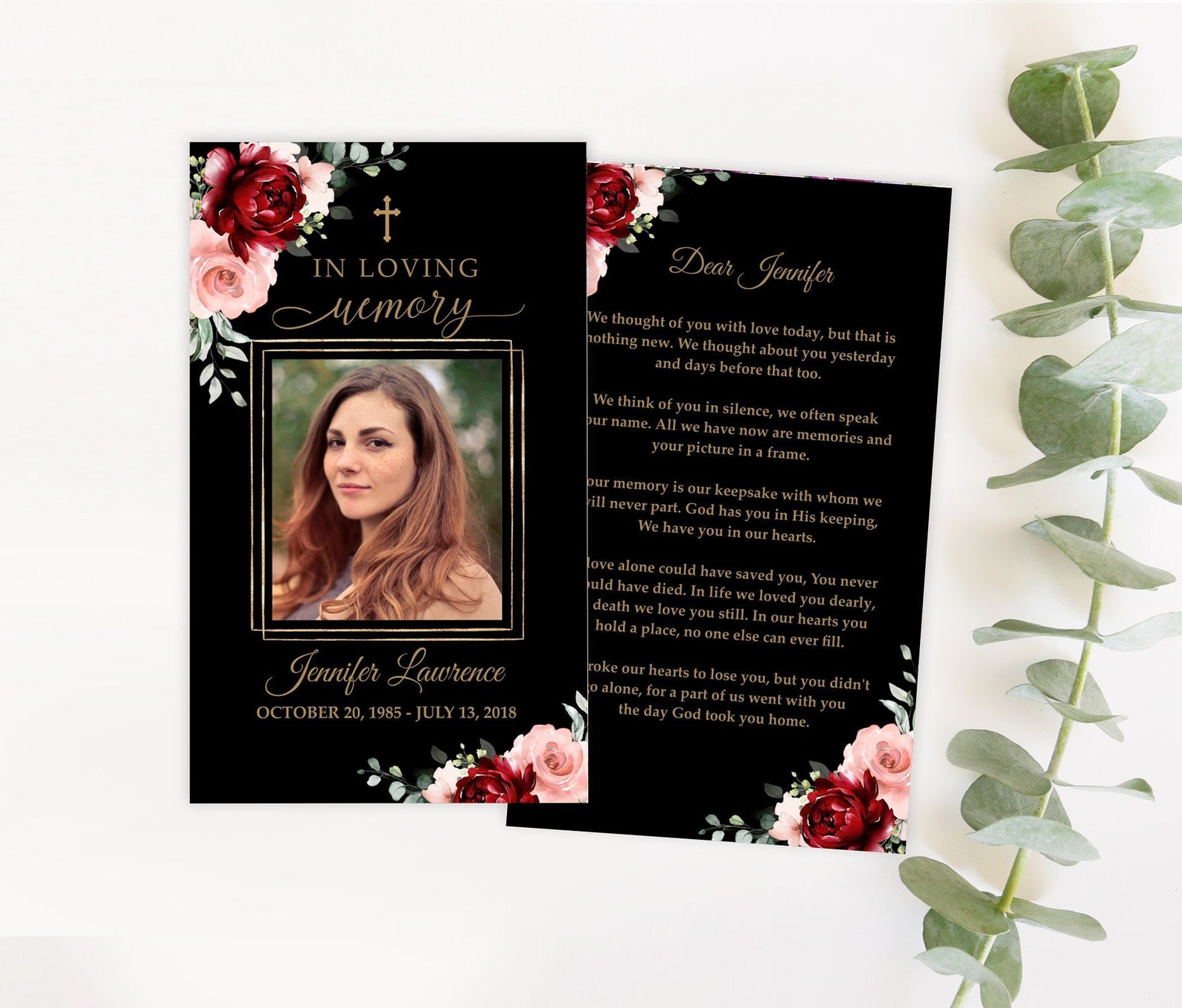 Editable Funeral Prayer Card Template Red Black Gold Roses Watercolour ...