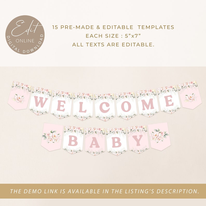 Editable Baby Shower Pennant Banner Template Pink Rose, Baby Shower ...
