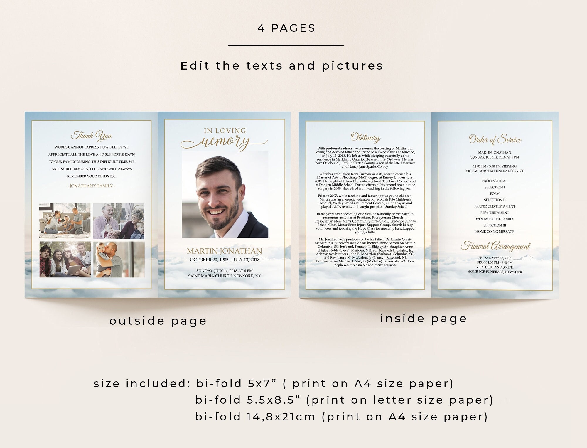 Editable Funeral Program Template, Funeral Memorial, Blue Sky Heaven ...