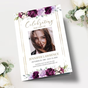 Editable Funeral Program Template,purple Roses Programs Memorial ...