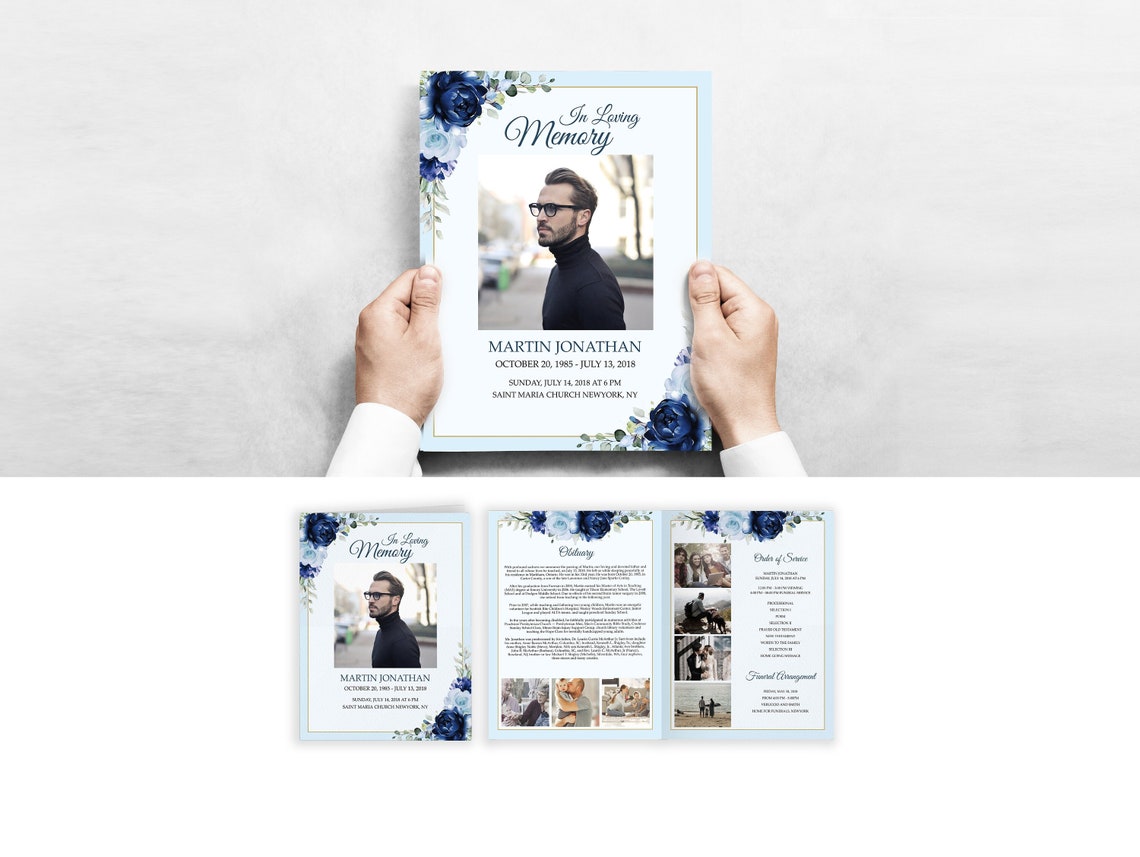 Letter Bi-fold Funeral Program Template Blue Roses, Letter Memorial ...