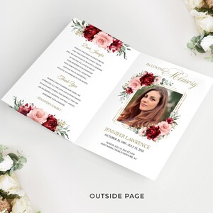 Red Pink Blush Roses Editable Funeral Program Template Floral Memorial ...