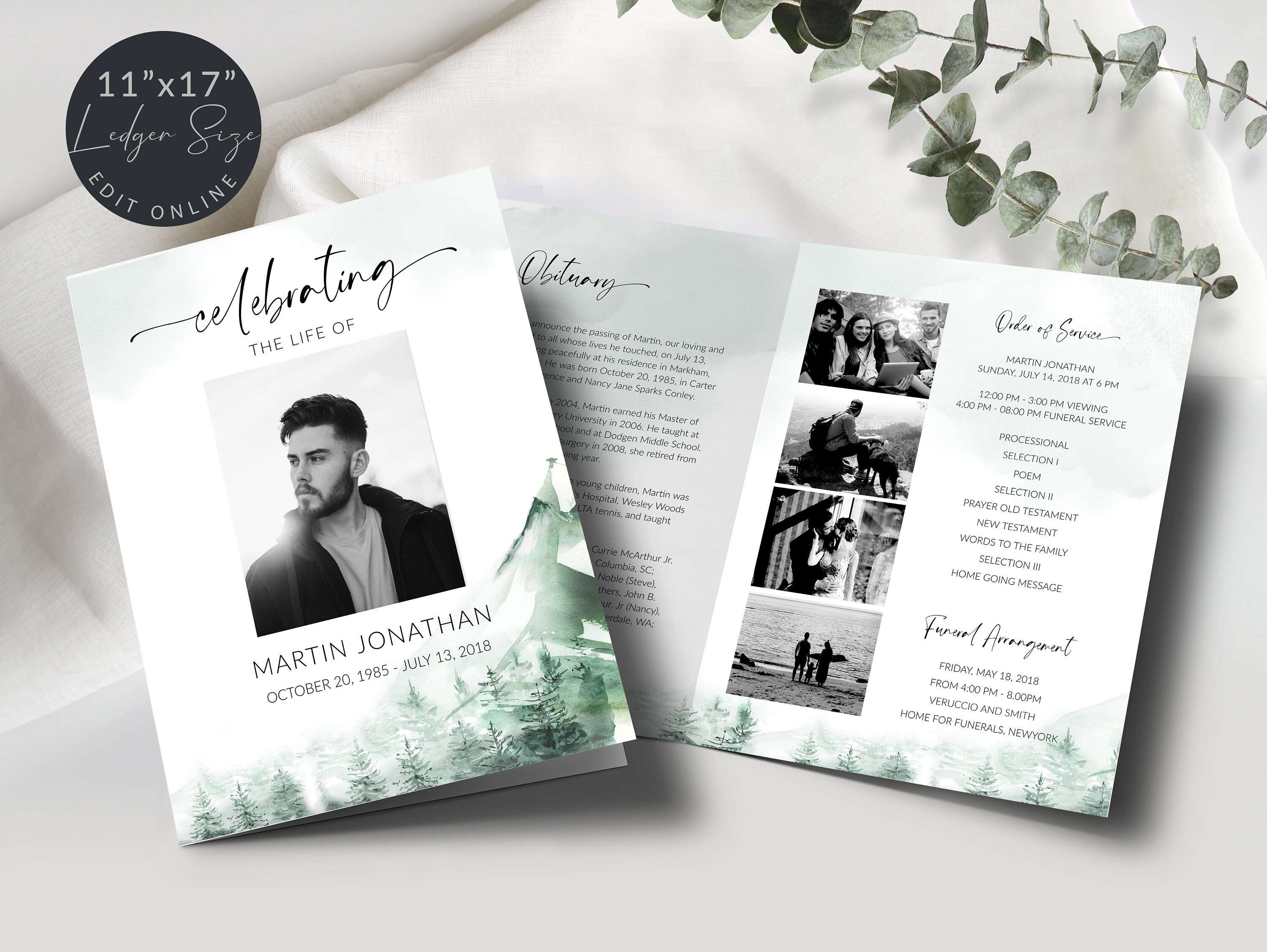 Green Mountain Letter Bi-fold Funeral Program Template Large Memorial ...