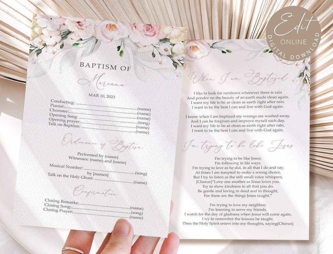 Baptism Program Template, Printable Baptism Program, Pink Baptism Program, Blush Pink Roses ...