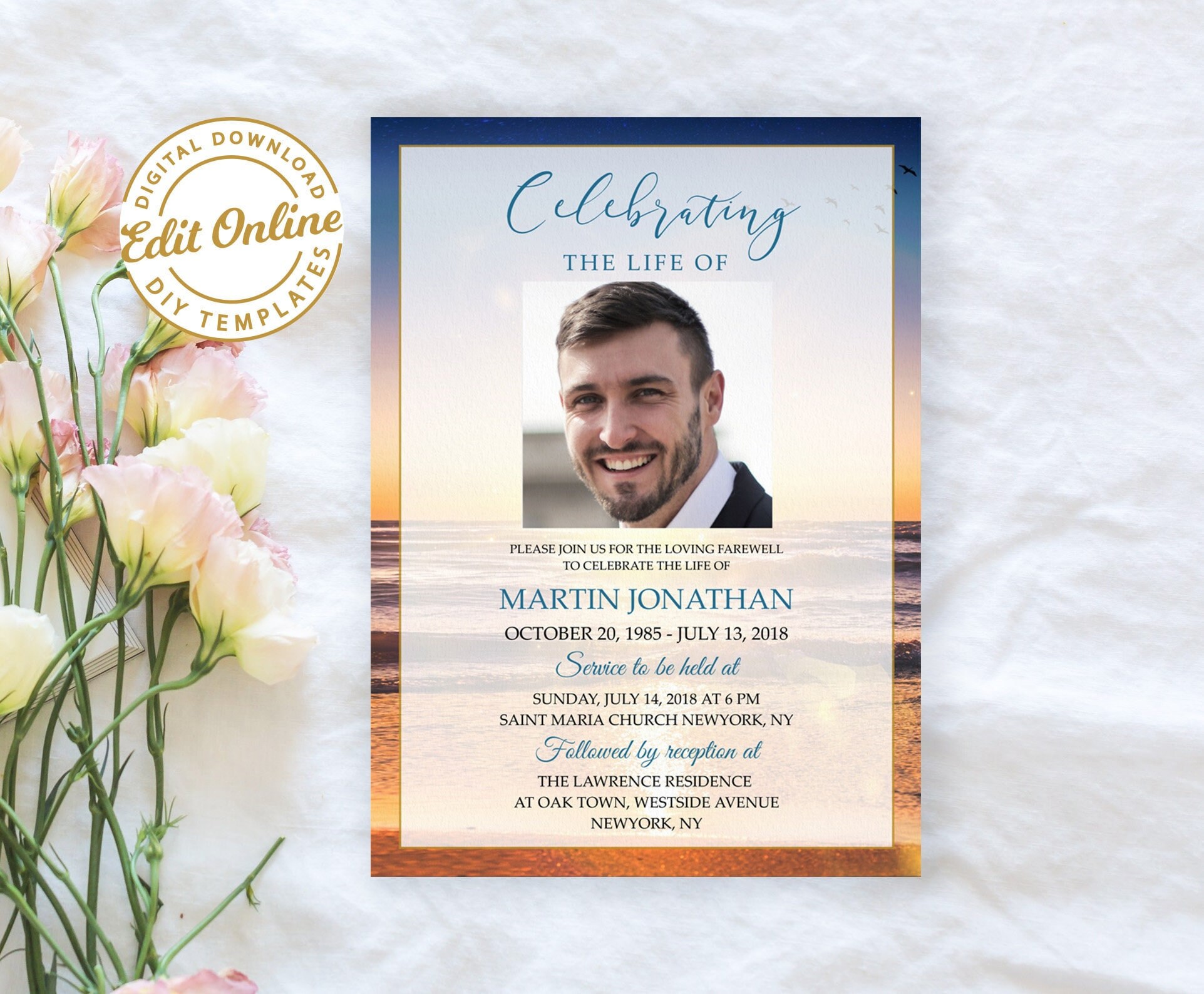 Editable Funeral Invitation Funeral Announcement Template for Men Beach ...