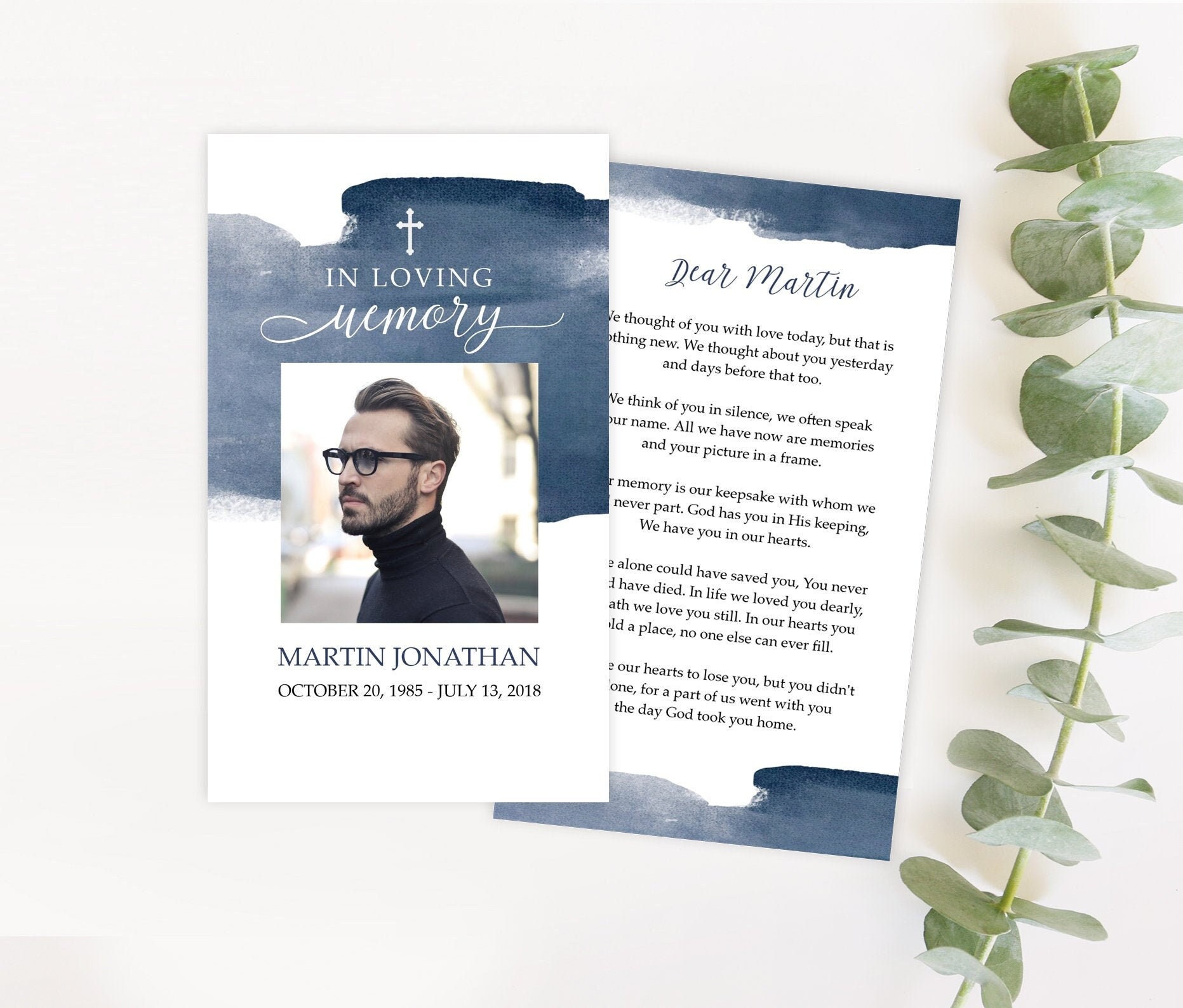 Editable Blue Watercolor Funeral Prayer Card, Printable Memorial Photo ...