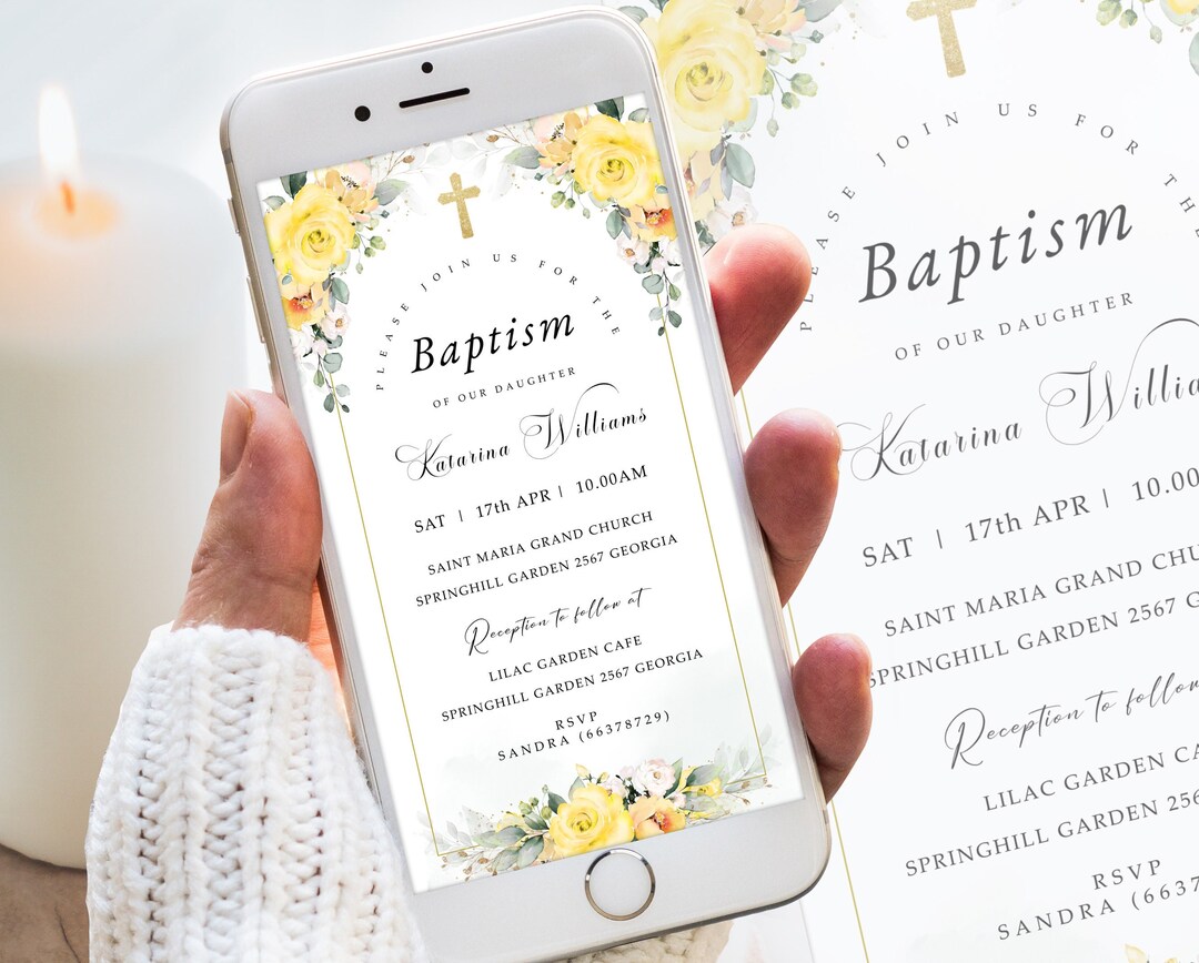 Digital Baptism Text Invitation Template, Yellow Flowers, Yellow ...