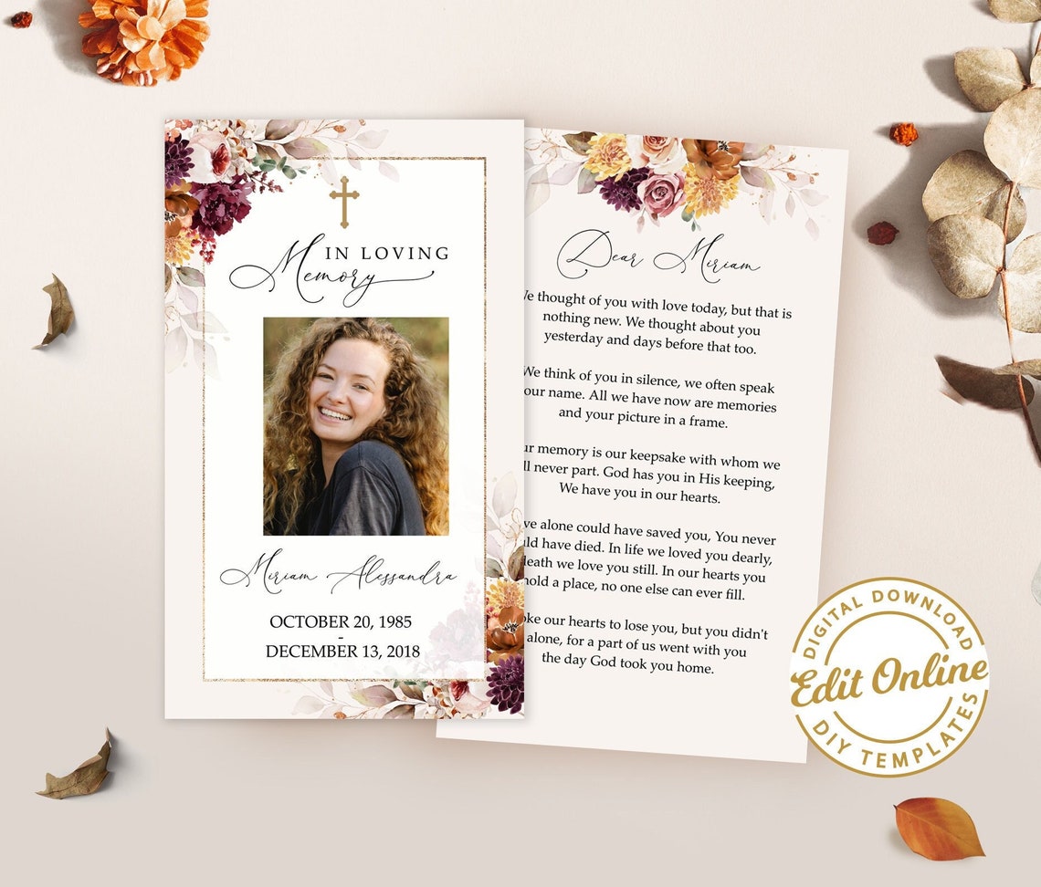Funeral Prayer Card Template Autumn Leaves for Men and Women, Orange ...