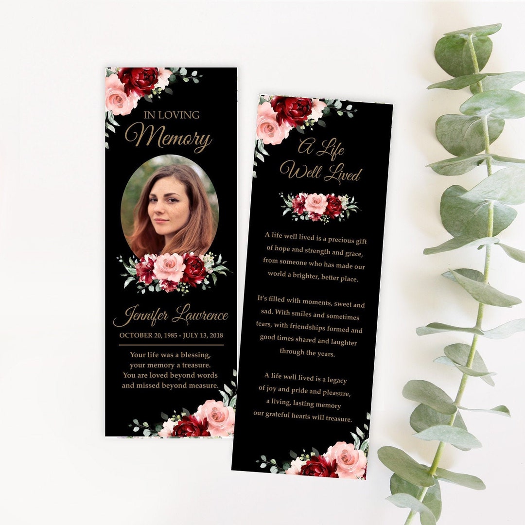 Editable Funeral Bookmark Template Black Gold Red Roses, Floral ...