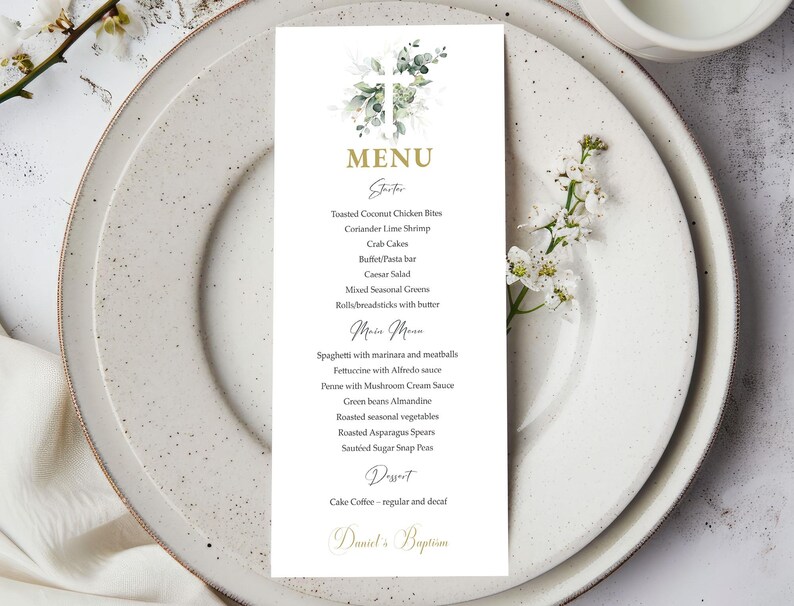 BAPTISM Menu Template, First Communion Dinner Menu, Greenery Baptism ...