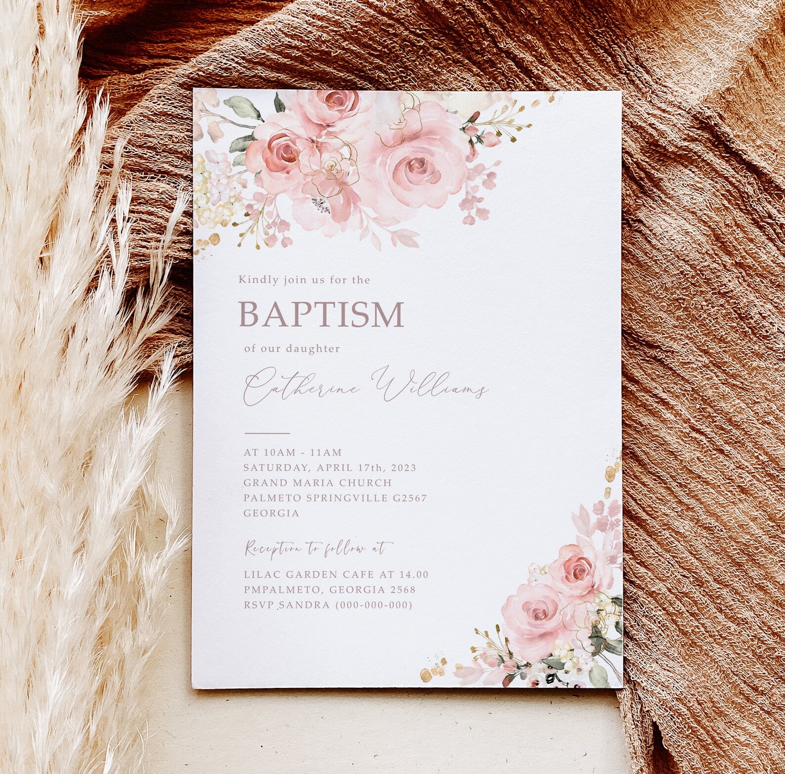 Editable Girl Baptism Invitation Template, Dusty Pink Rose Flowers ...