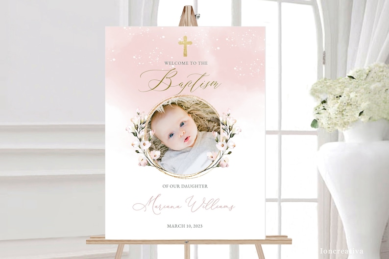 Editable Dusty Pink Floral Baptism Welcome Sign Template With Photo for ...