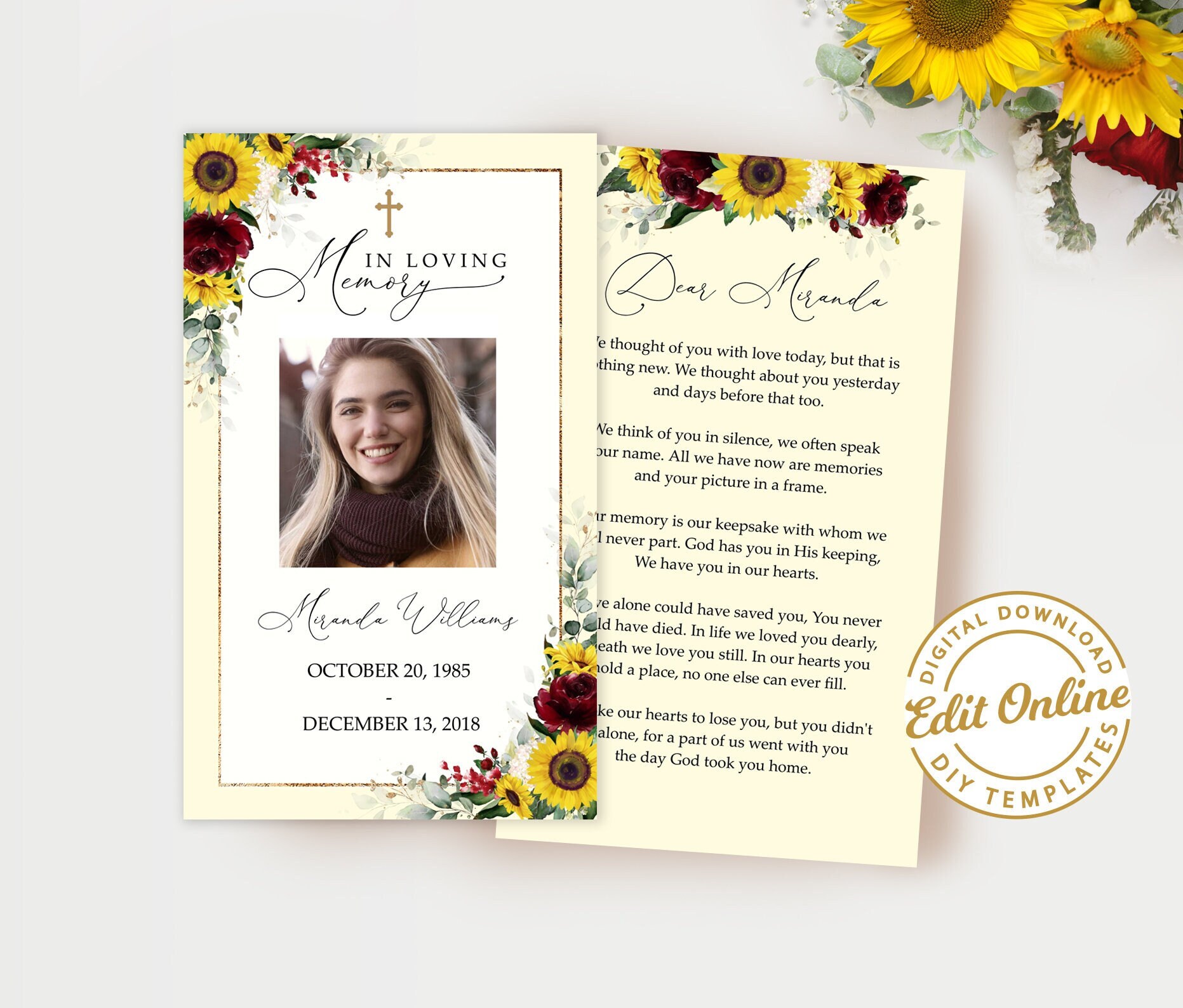 Yellow Sunflower Editable Funeral Prayer Card Template Yellow Floral ...
