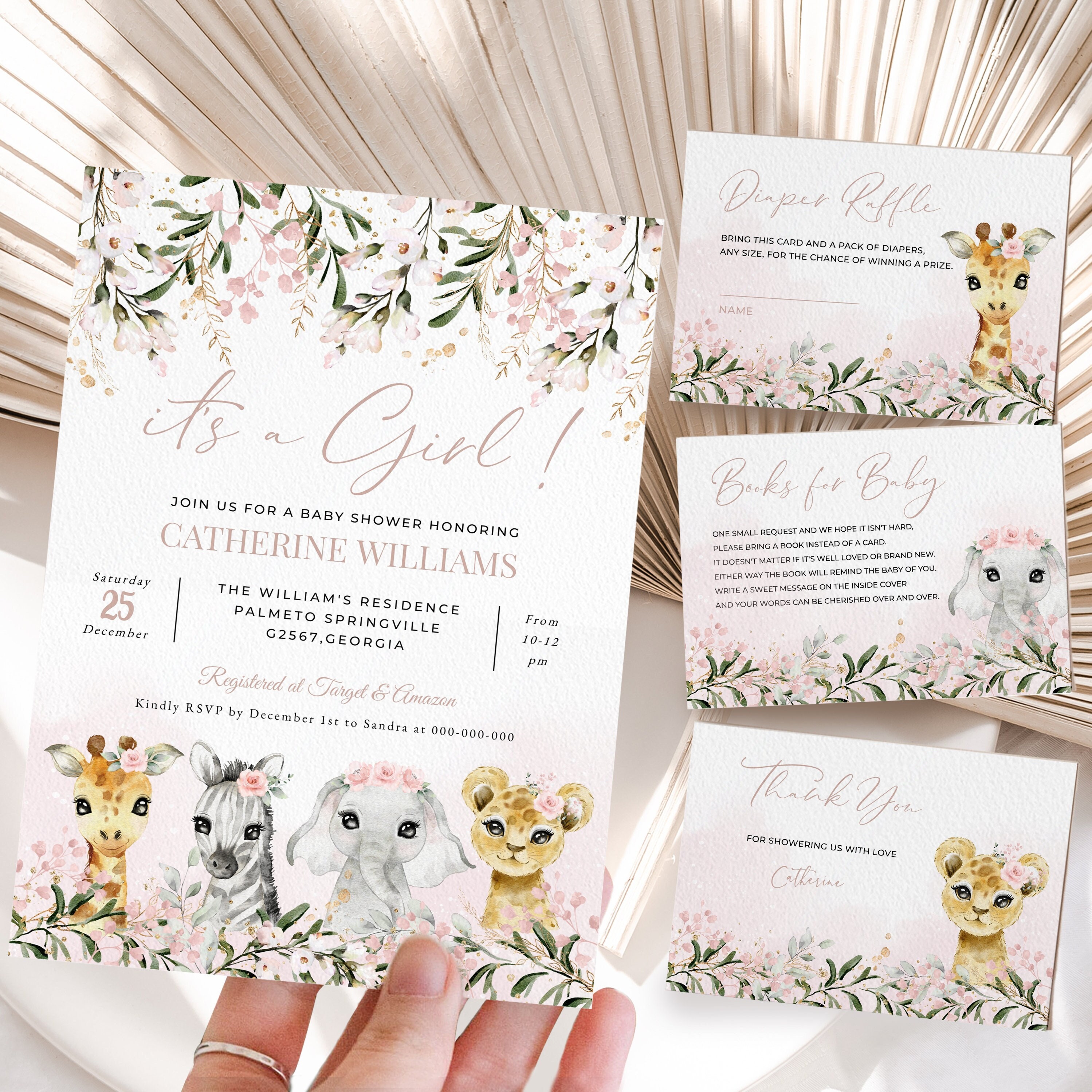 Editable Girl Pink Blush Safari Baby Shower Invitation Template It's a ...