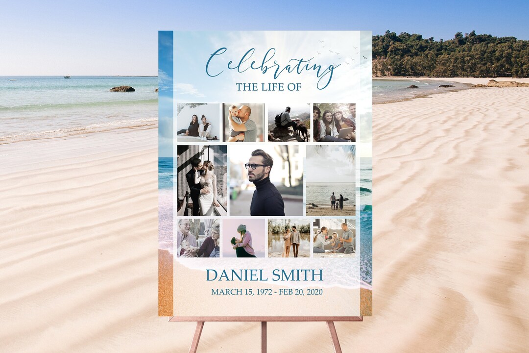 Photo Collage Beach Sea Funeral Sign Template Memorial Service Sign ...