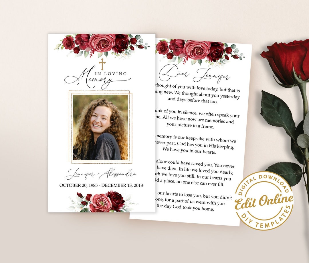 Editable Funeral Prayer Card Template Red Roses, Red Flower Memorial ...