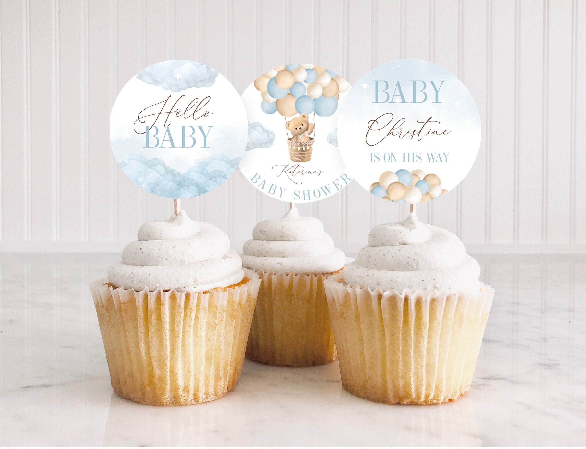 Editable Bear Blue Air Hot Balloon Baby Shower Cupcake Toppers, Blue ...