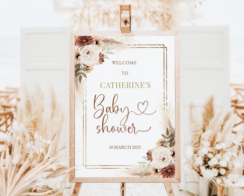 Boho Floral Baby Shower Welcome Sign Template, Pampas Grass Baby Shower ...