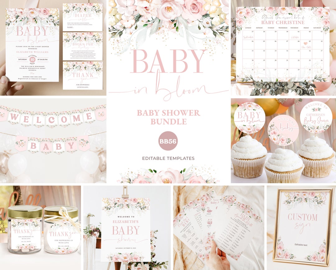 Editable Blush Pink Baby Shower Bundle Template, Girl Baby Shower ...