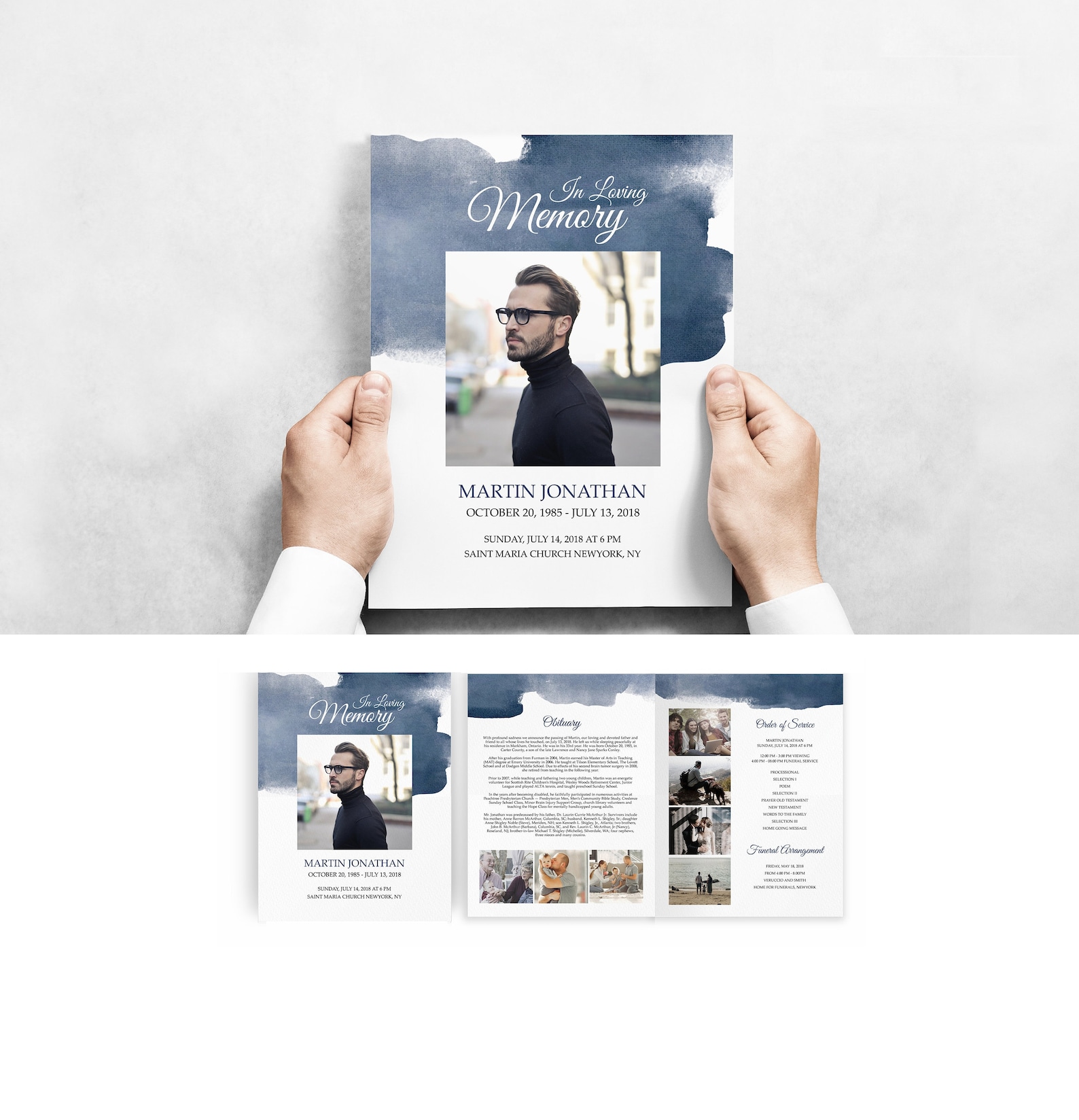 Water Colour Blue Editable Funeral Program Memorial Service Program ...