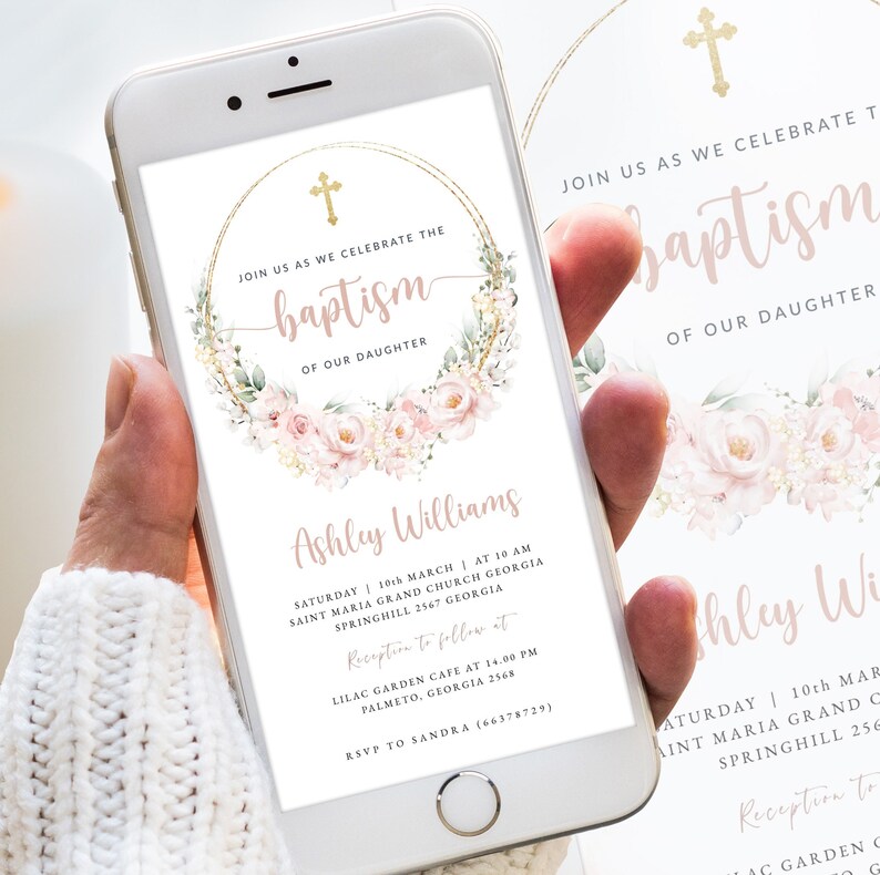 Digital Baptism Text Invitation Template, Gold Rustic Pink Flowers ...