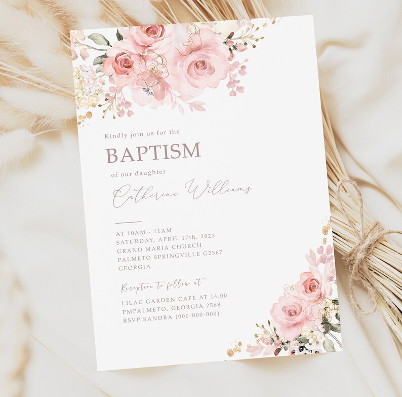 Editable Girl Baptism Invitation Template, Dusty Pink Rose Flowers ...