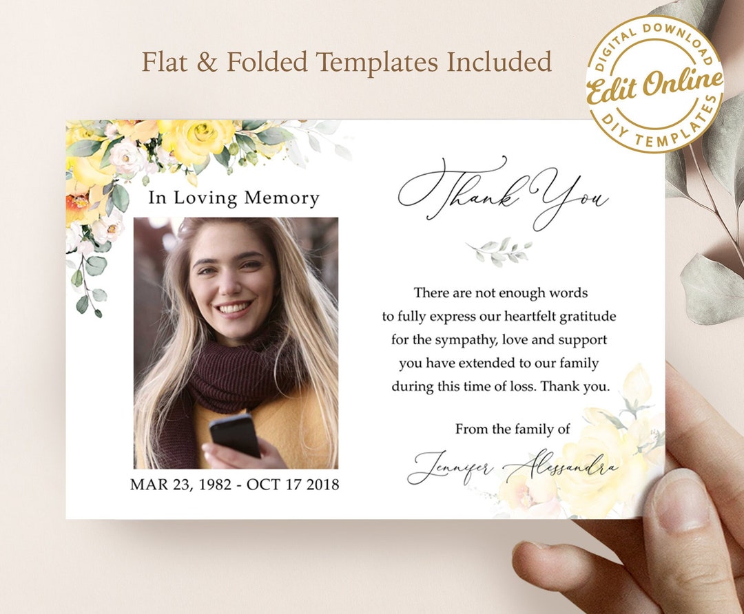 F41 Funeral Thank You Card Template Yellow Rose Flower Greenery ...