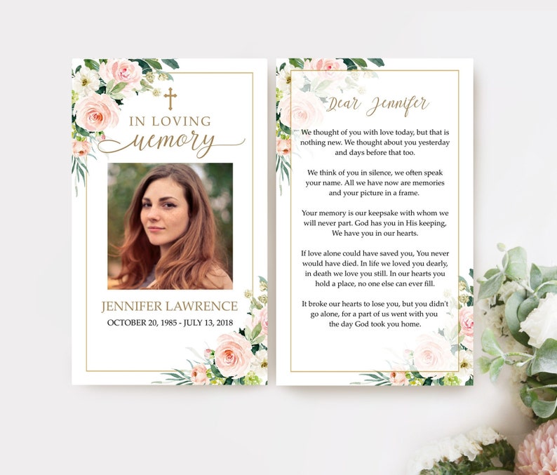 Editable Funeral Prayer Card Template Pink Blush Roses, Floral Memorial ...