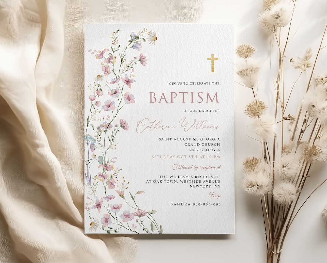Girls Baptism Invitation Template, Pink Wildflower Baptism, Printable ...