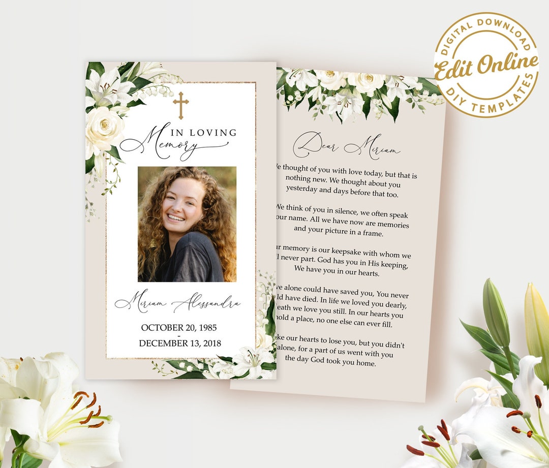 Editable Funeral Prayer Card, Printable Memorial Prayer Card Template ...
