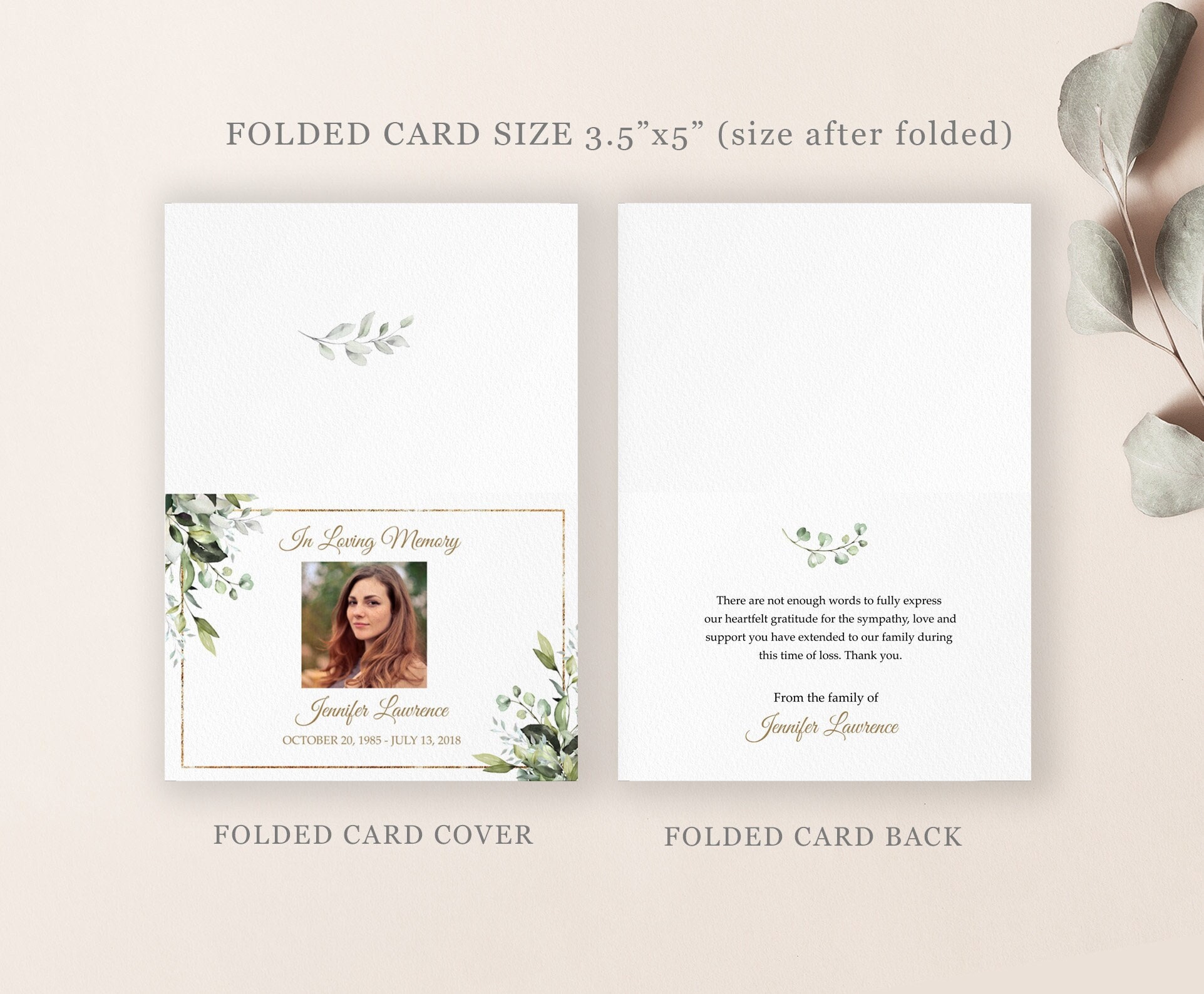 F12 Funeral Thank You Card Template Greenery Leaves Eucalyptus ...