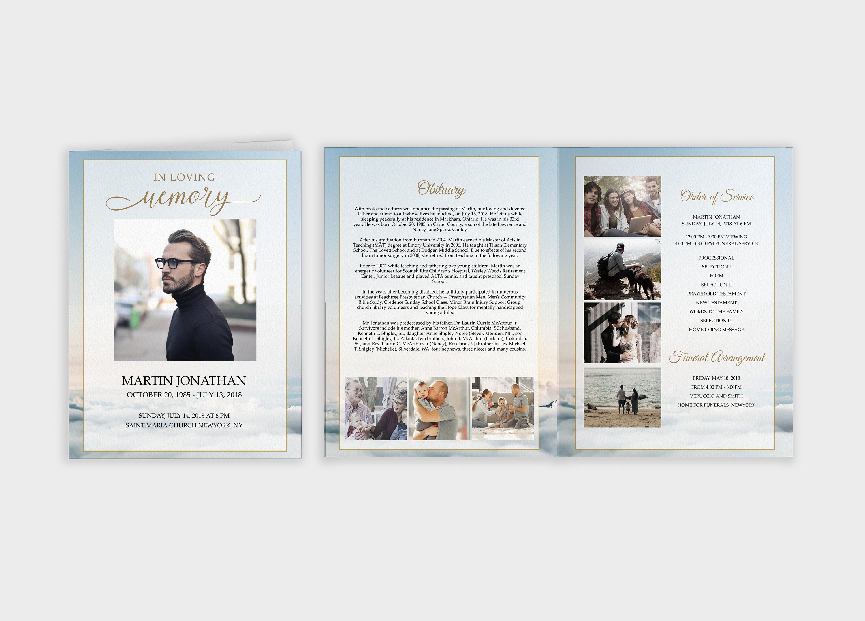 Letter Bi-fold Funeral Program Template Blue Sky Heaven, Large Memorial ...