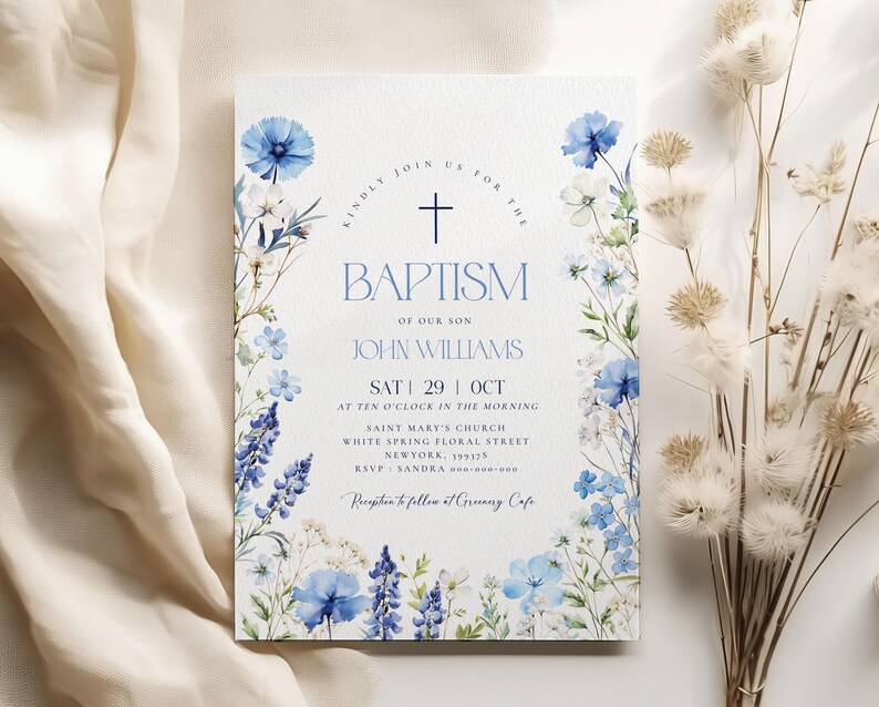 Blue Baptism Invitation Template, Blue Wildflowers, Editable, Blue ...
