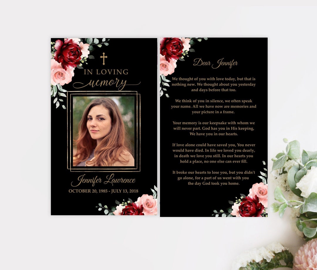 Editable Funeral Prayer Card Template Red Black Gold Roses Watercolour ...