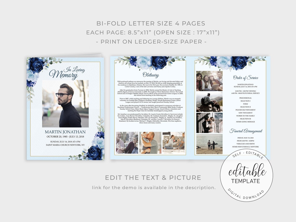 Letter Bi-fold Funeral Program Template Blue Roses, Letter Memorial ...