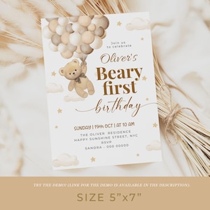 Editable Beary First Birthday Invitation, 1st Birthday Teddy Bear ...