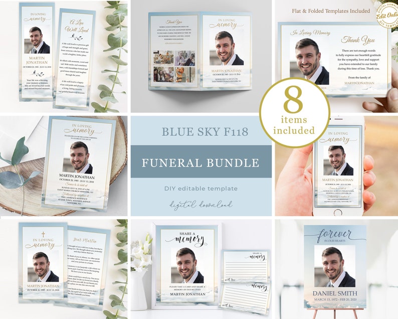 Editable Blue Sky Heaven Funeral Bundle Template, Blue Celebration of ...