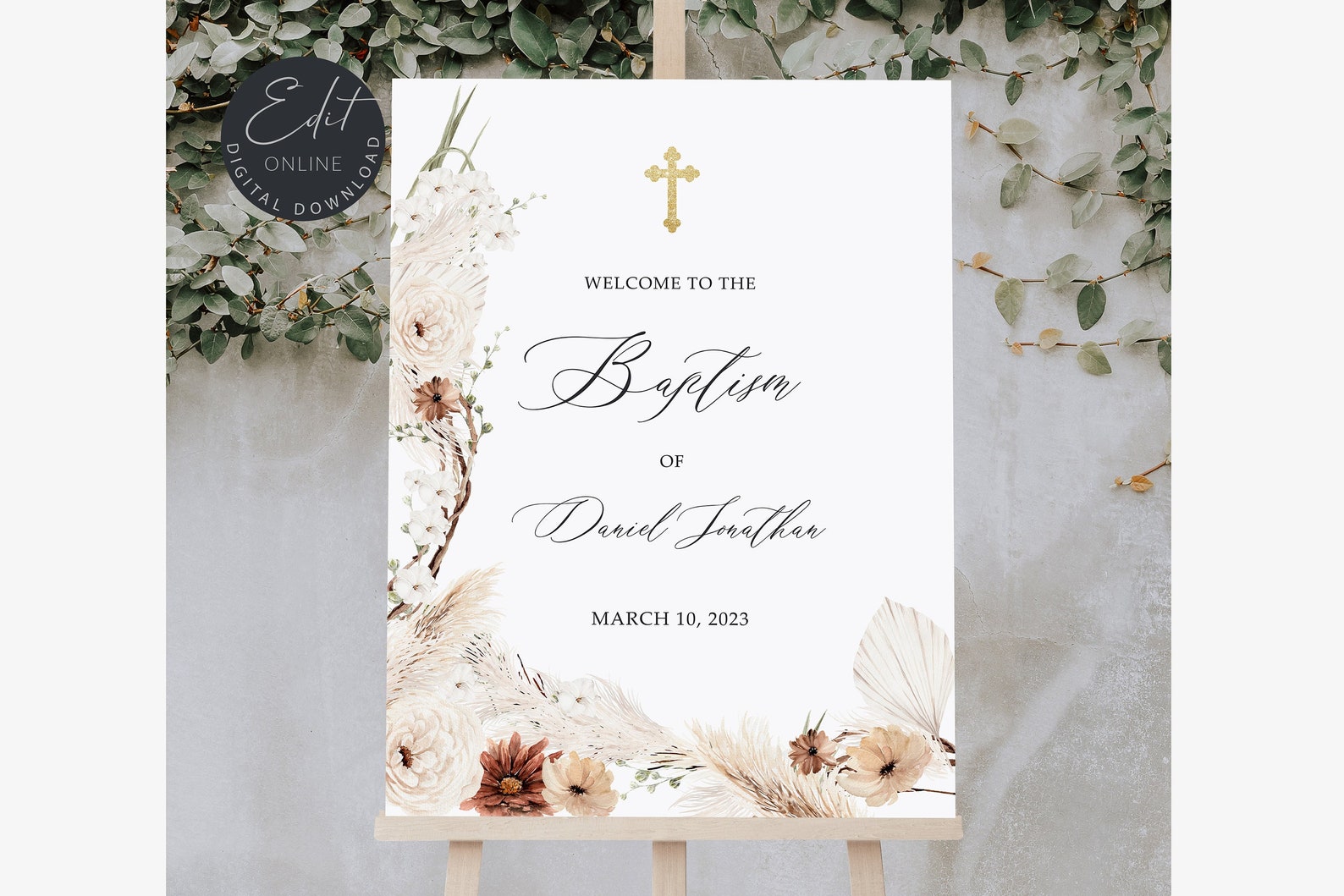 Editable Boho Baptism Welcome Sign Template Boho Pampas Grass Baptism ...