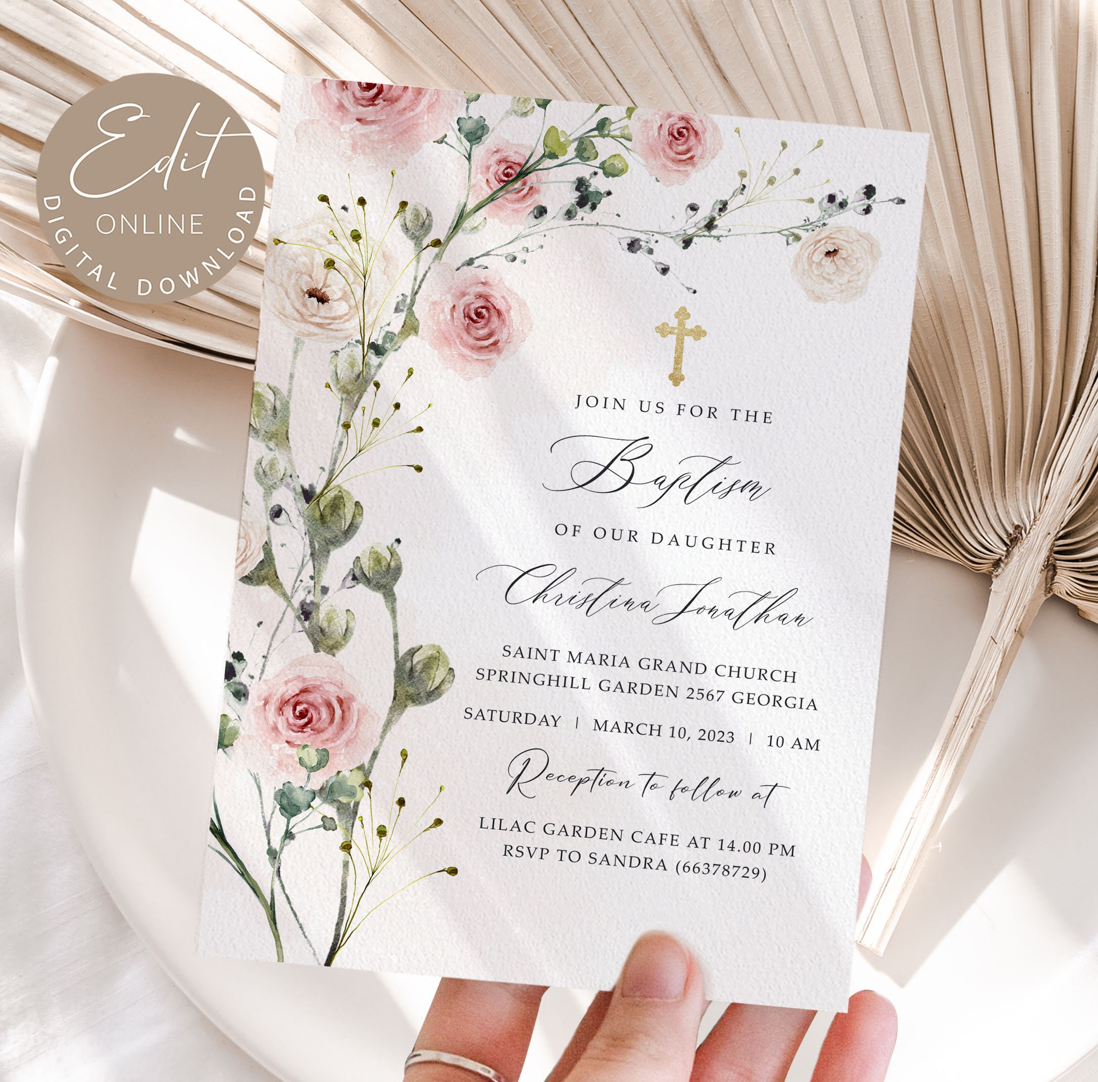 Pink Floral Baptism Invitation Girl, Baptism Invite Template, Girl ...