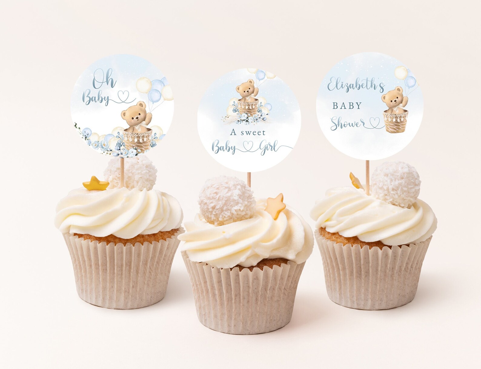 Bear Blue Balloon Baby Shower Cupcake Toppers, Blue Baby Shower Cupcake ...