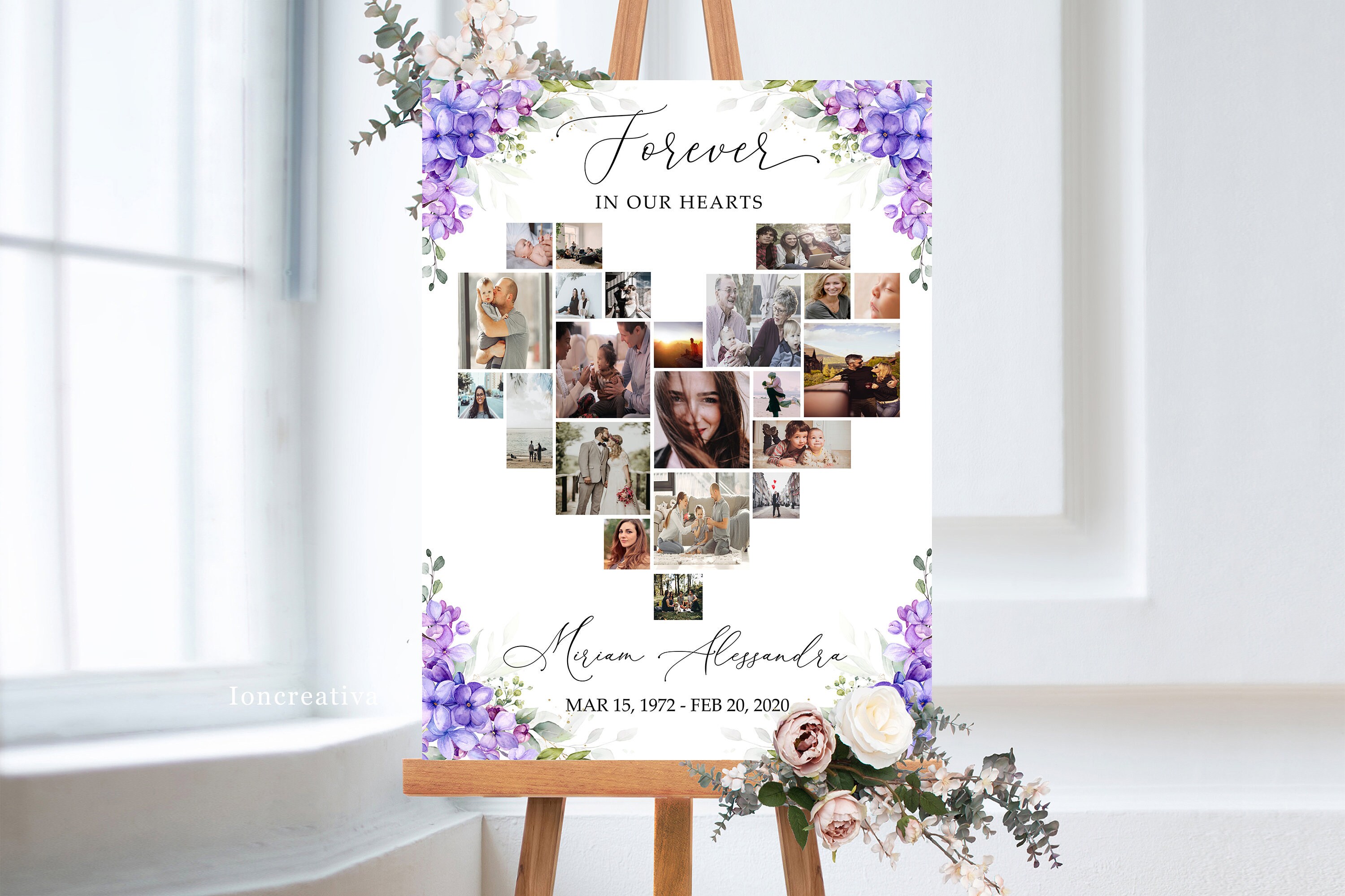 Funeral Welcome Sign Photo Heart Collage Purple Lilac, Memorial Sign ...