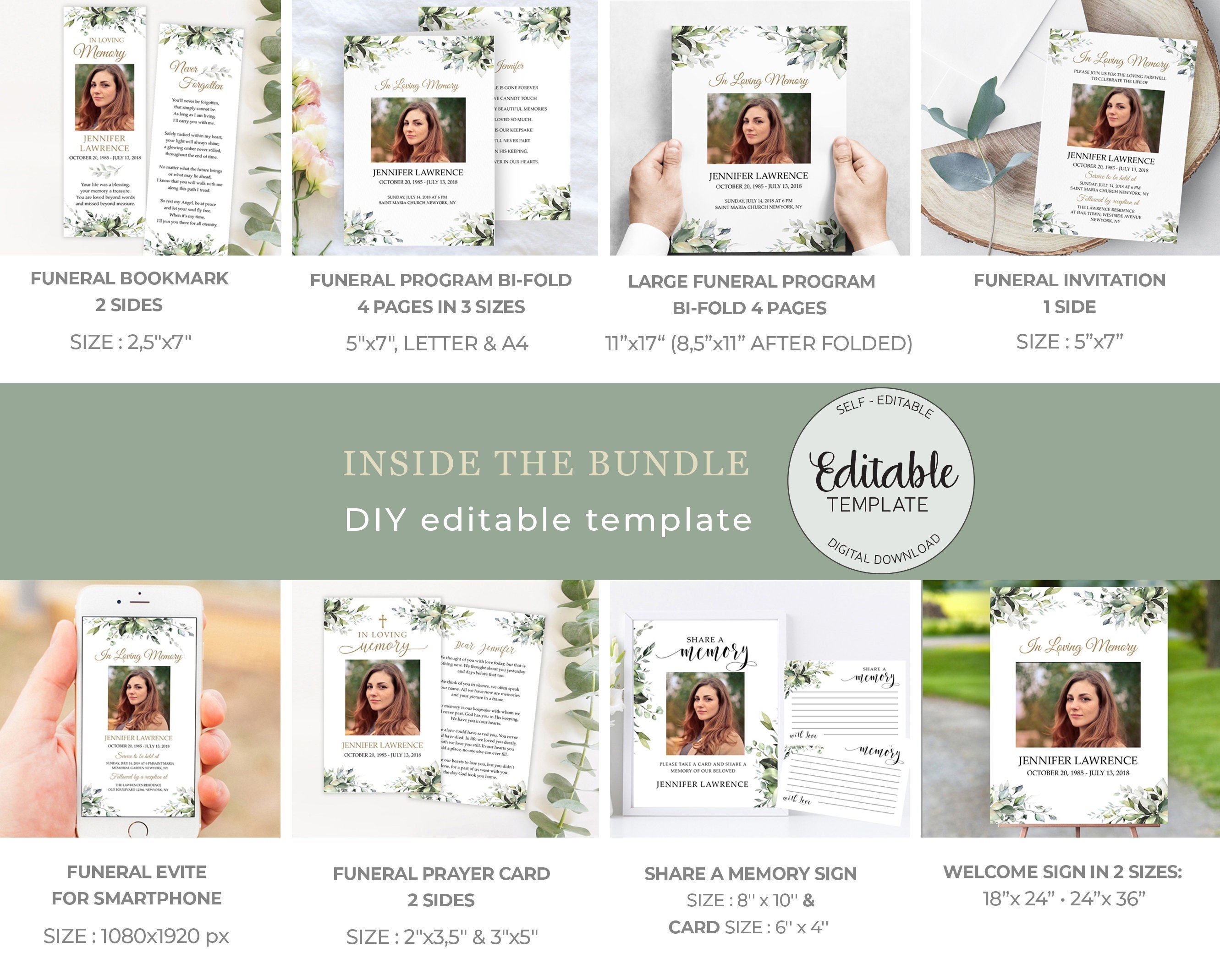 Editable Funeral Bundle Template Leaves Greenery, Botanical Celebration ...