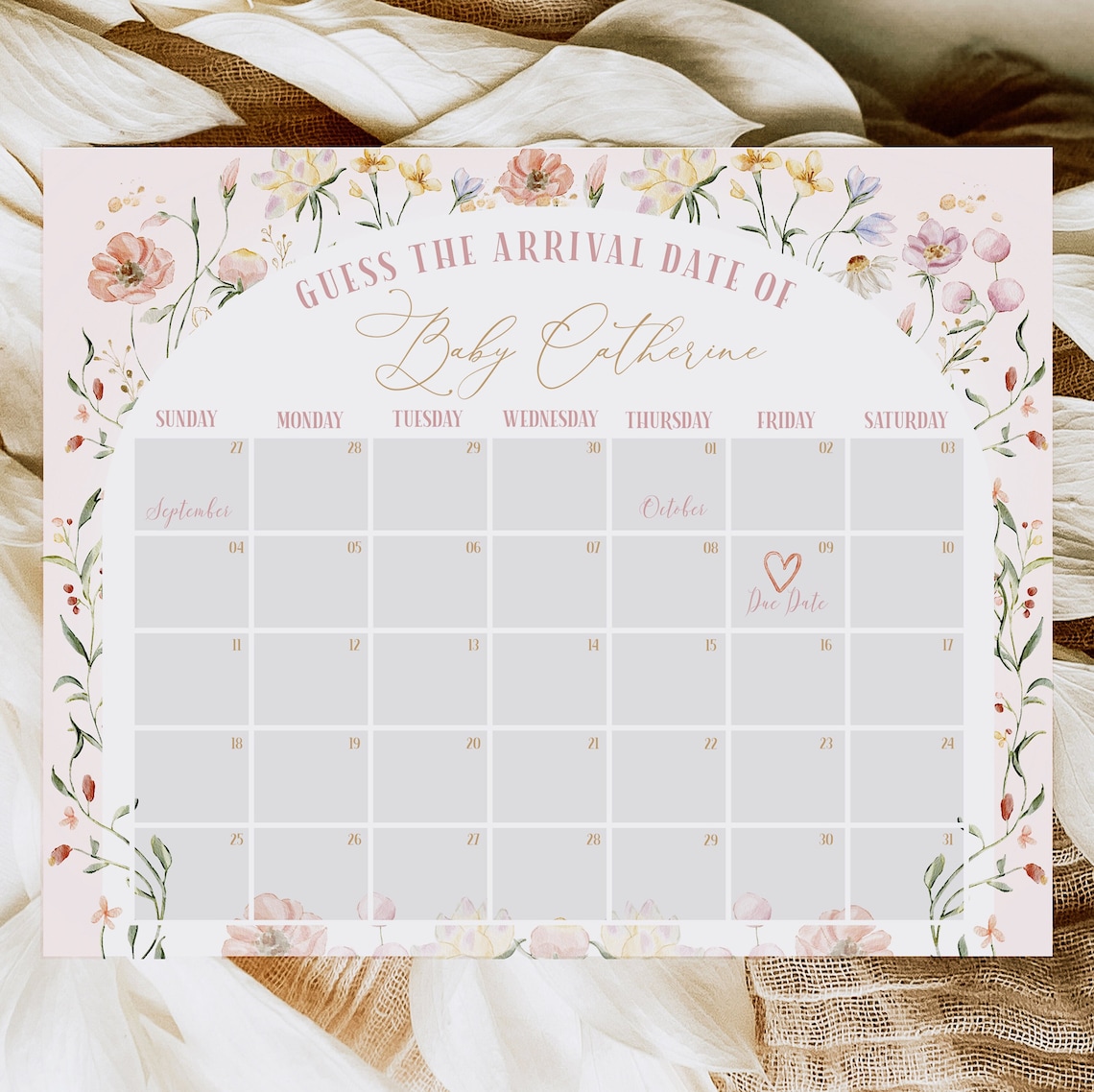 Editable Baby Shower Due Date Calendar Wildflower Template, Guess ...