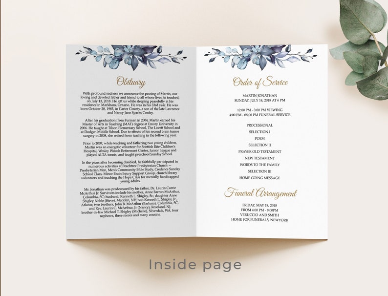Editable Funeral Program Template, Funeral Blue Leaves Theme, Obituary ...