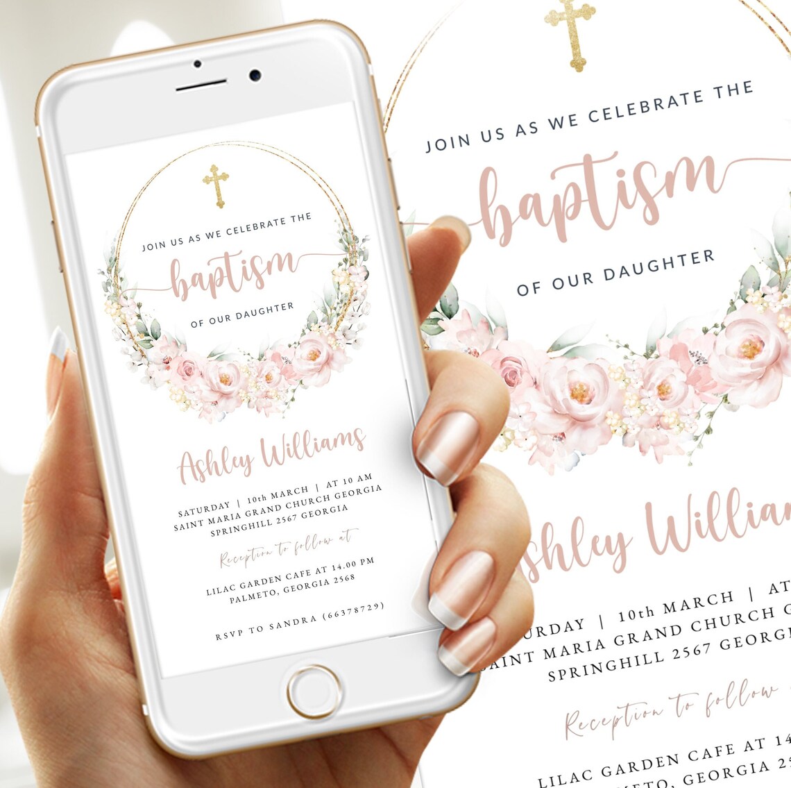 Digital Baptism Text Invitation Template, Girl Rustic Pink Flowers ...
